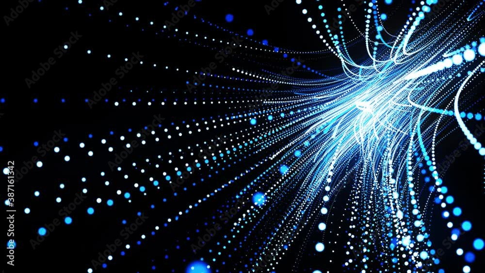 abstract 3d loop background with glowing particles lined up in curved ...