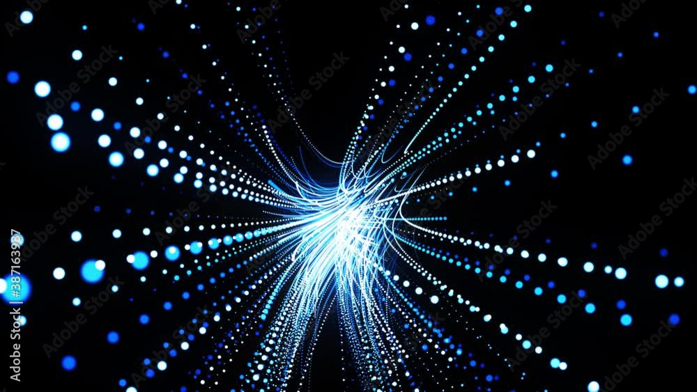 abstract 3d loop background with glowing particles lined up in curved ...