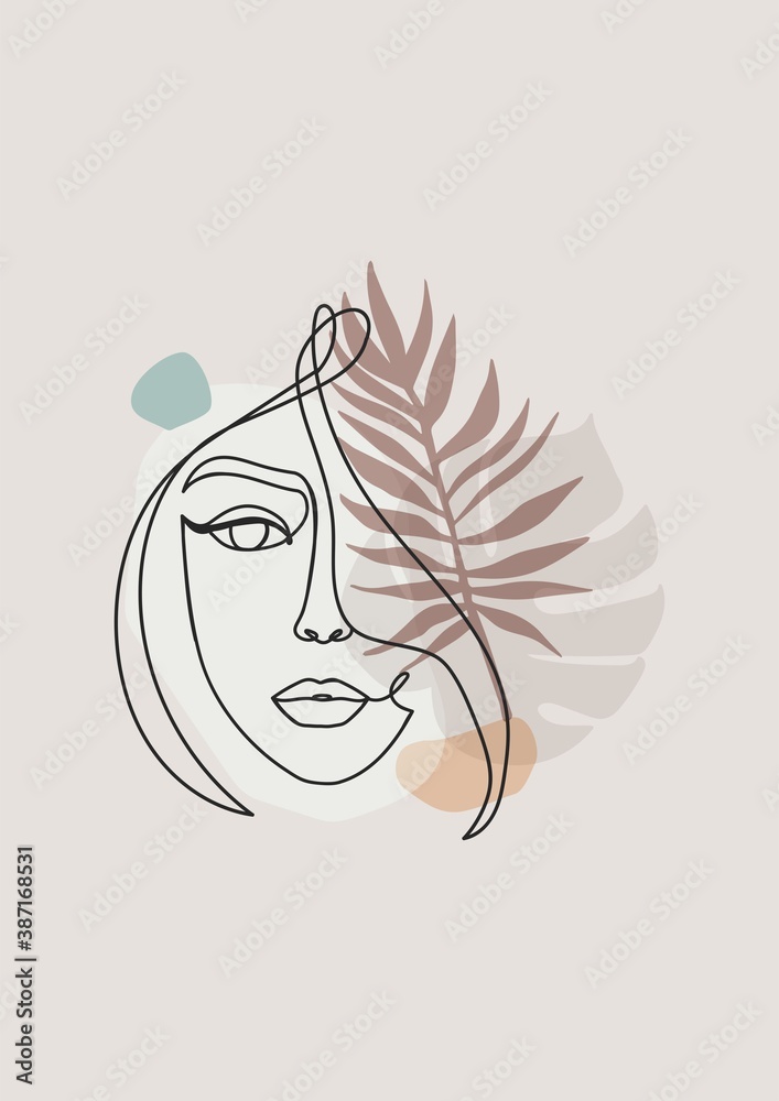 Abstract design with one line art woman's face silhouette,palm leaves ...