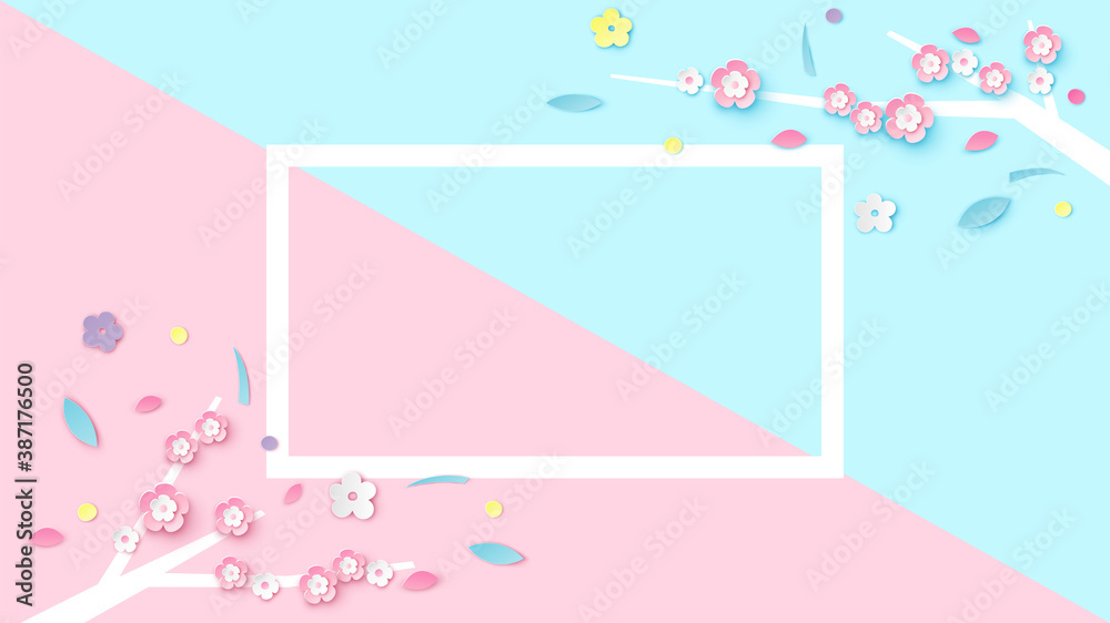 Spring rectangle frame decorated with Cherry blossoms, tree branch ...