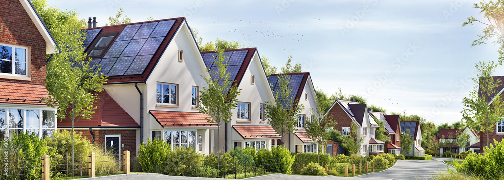 Beautiful modern residential houses with solar panels Stock Photo ...