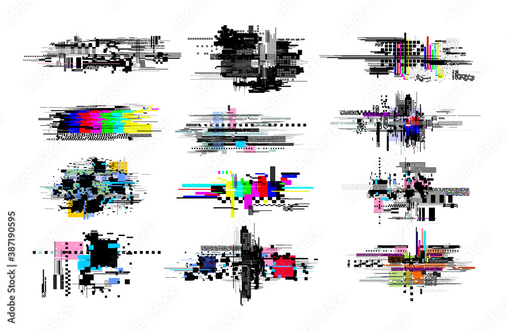 Set of digital decay elements. Geometric glitch, colored abstract art ...