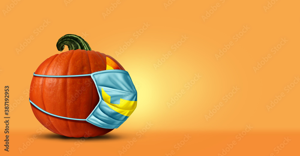 Halloween safety and facial mask as a jack o lantern pumpkin wearing a ...