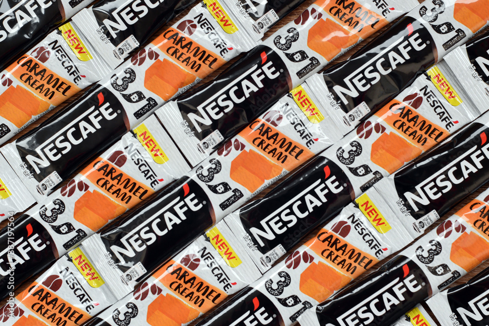 Many Nescafe caramel cream coffee sticks. Nescafe is a brand of coffee ...