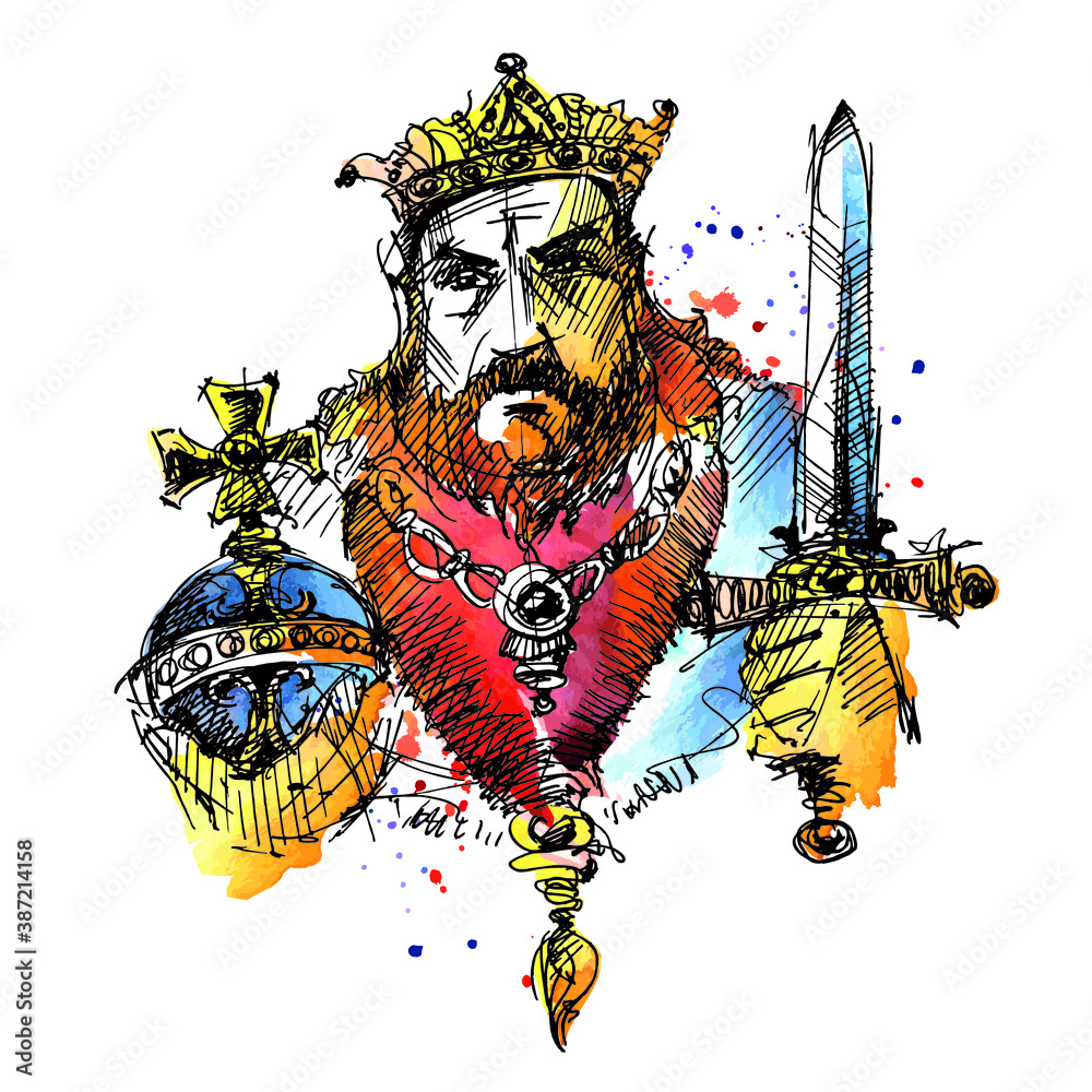 King with a golden crown on his head and a sword in his hands. Monarch ...