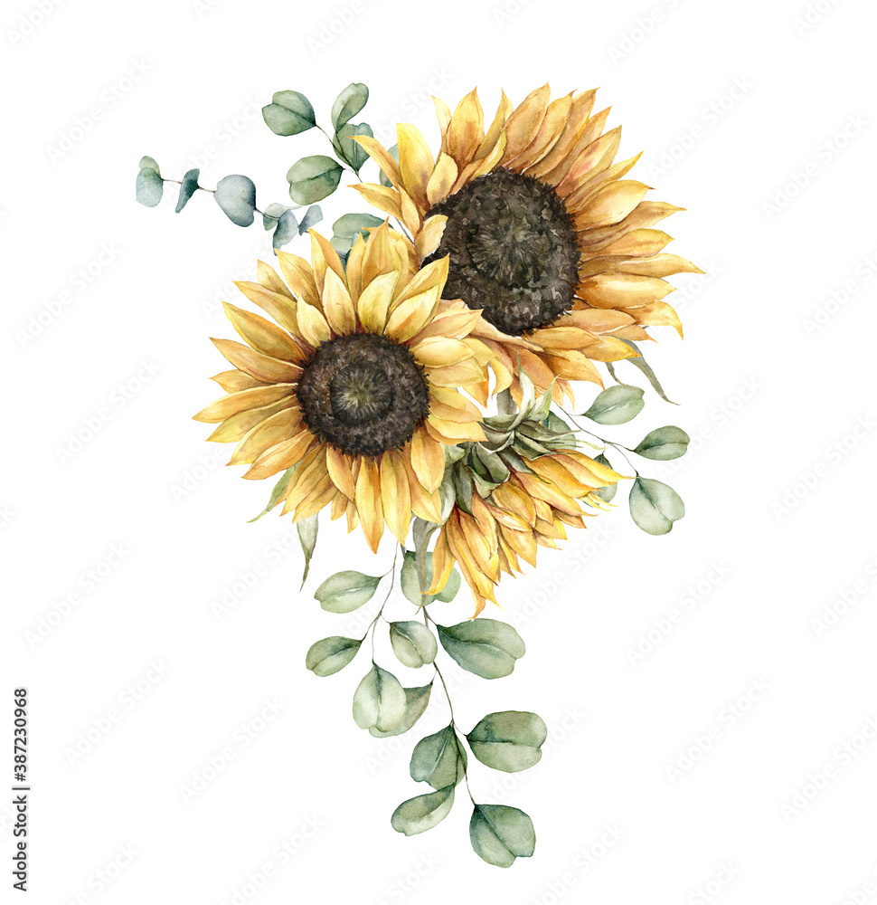 Watercolor autumn bouquet with sunflowers and silver dollar eucalyptus ...