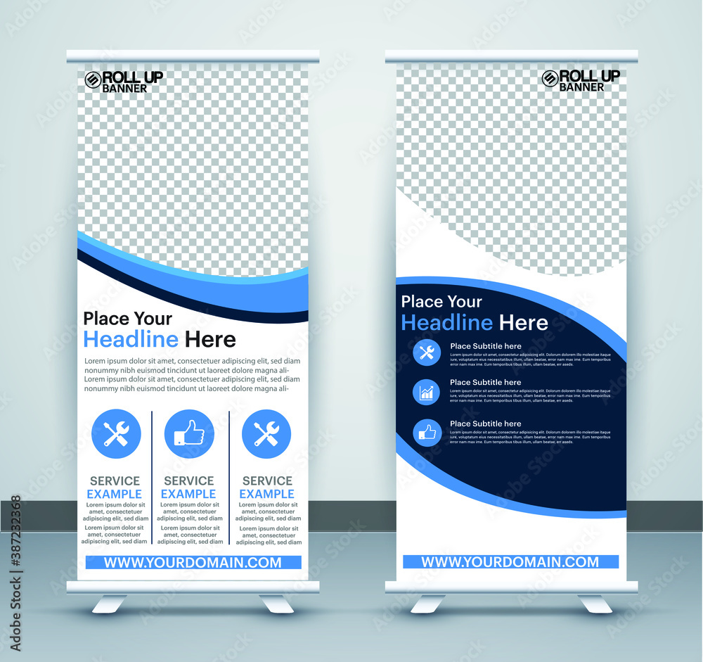 Roll up banner stand template design, blue banner layout, advertisement ...