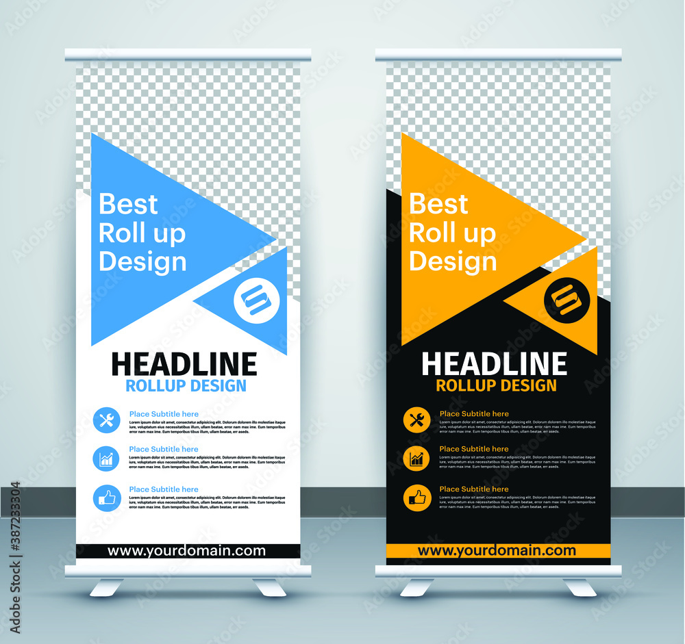 Roll up banner stand template design, blue banner layout, advertisement ...