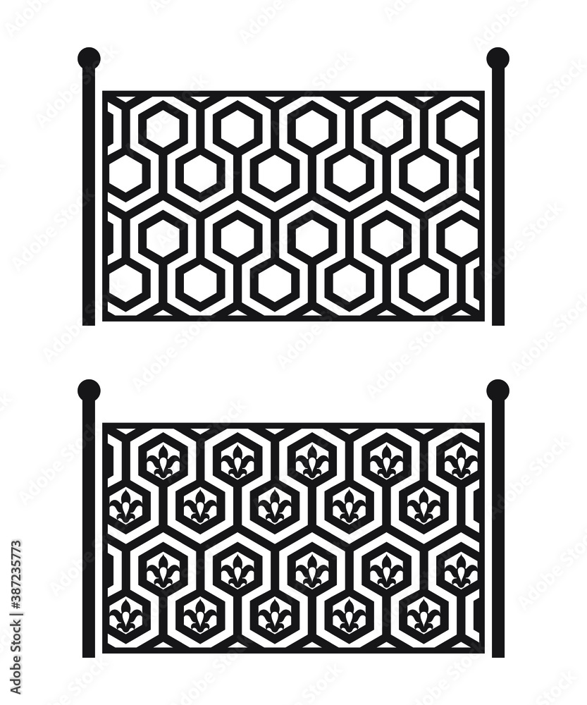 Steel railing panels that include balls, flowers, leaves and rosettes ...