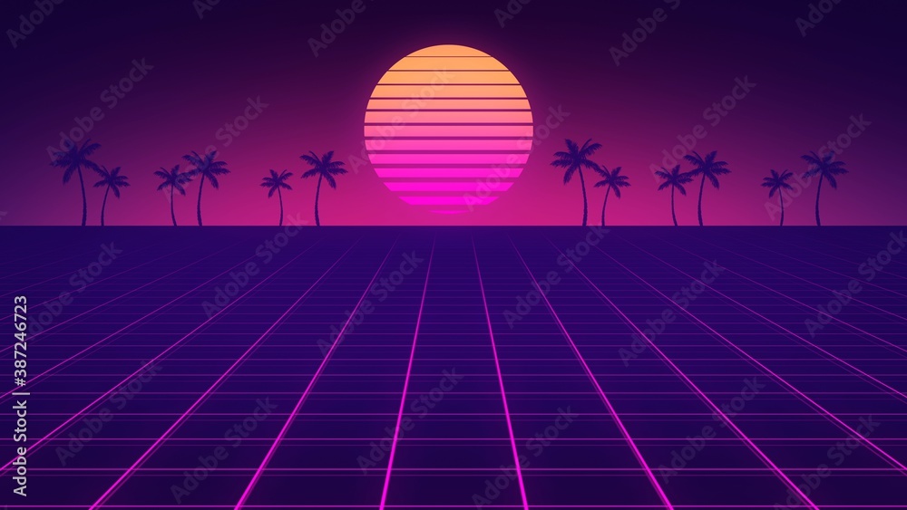 Retro wave horizon landscape illustration. Bright glowing neon laser ...