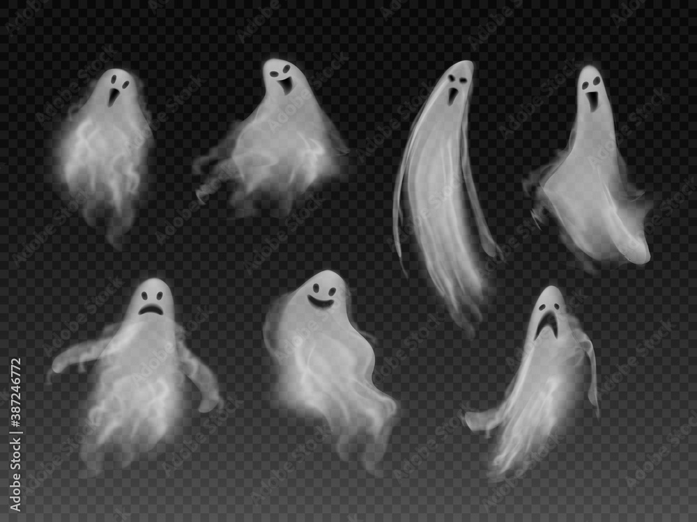 Set of realistic vector fog ghosts. 3d smokes looking like night ghouls ...