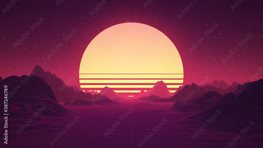Retro wave landscape illustration. Bright sunset above horizon ...