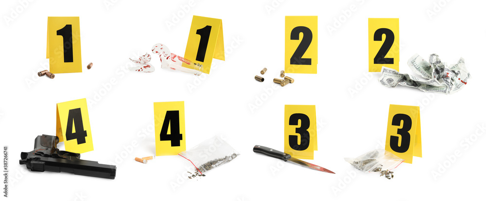 Crime scene investigation. Set of evidence identification markers and ...