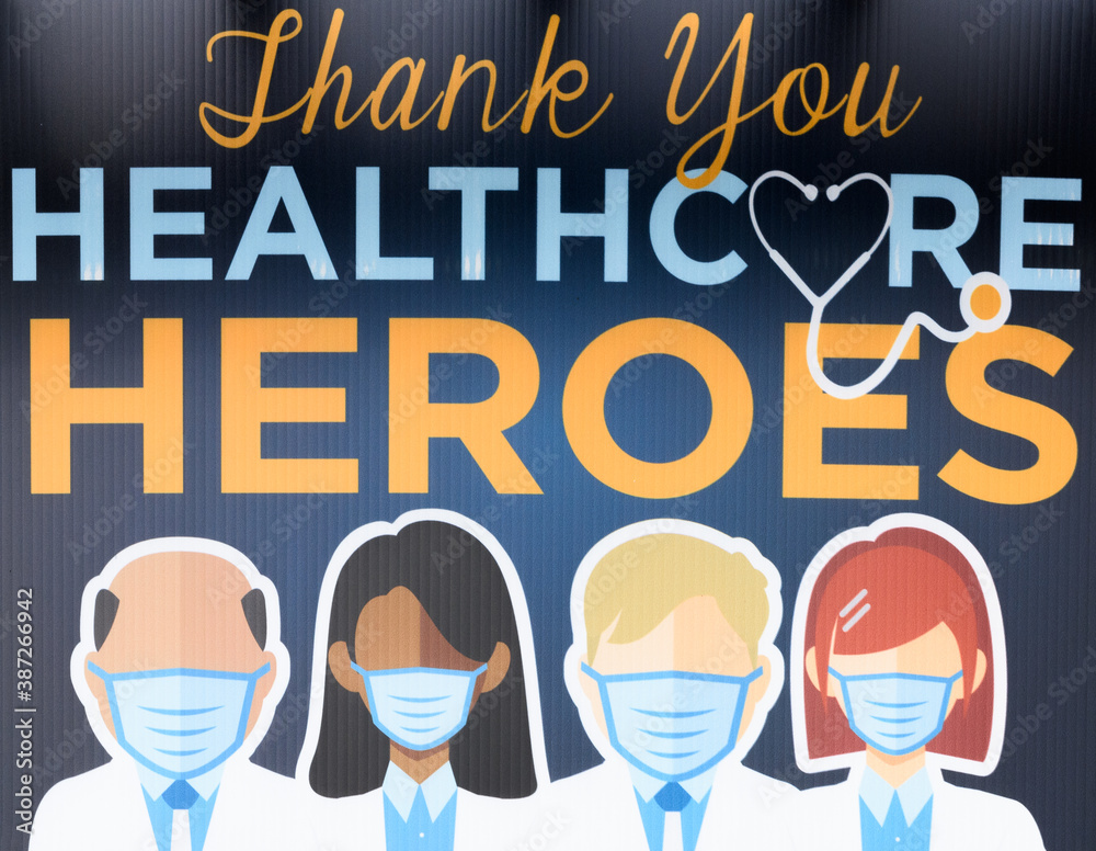 Sign honoring healthcare workers with masked faces Stock Illustration ...