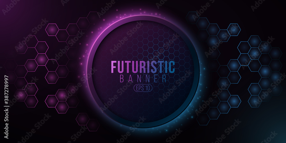 Futuristic banner and glowing hexagonal pattern. System data. High-tech ...