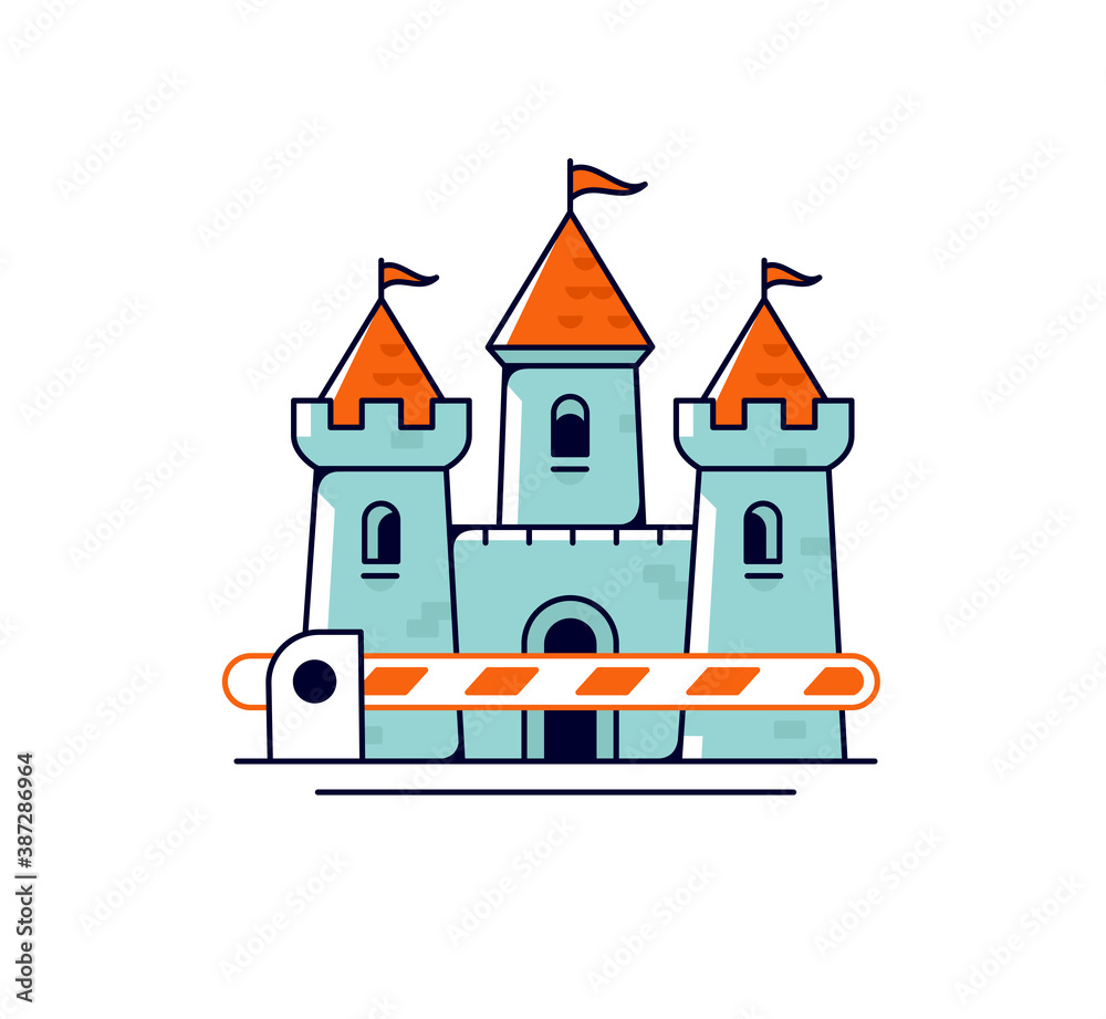 Medieval castle with a gate. No entry and exit icon. Allegory and ...