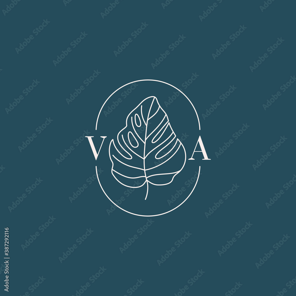 Monstera leaf Monogram design in simple minimal linear style. Vector ...