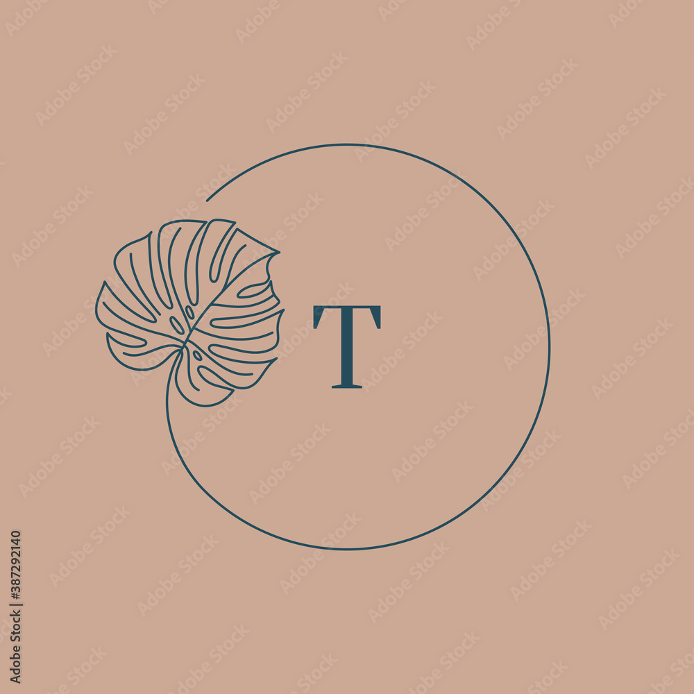 Monstera leaf Monogram design in simple minimal linear style. Vector ...