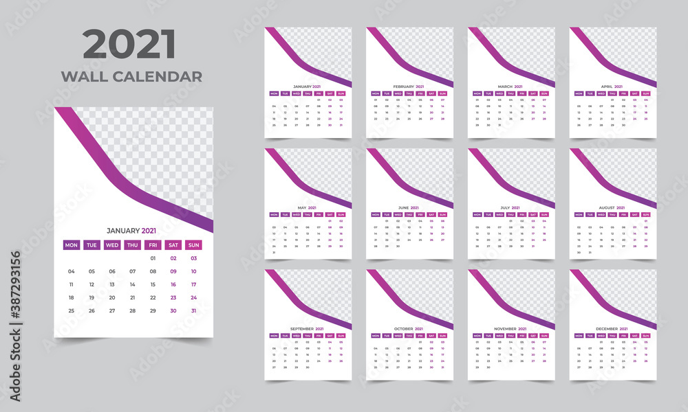 Wall calendar design 2021 template Set of 12 Months, Week starts Monday ...