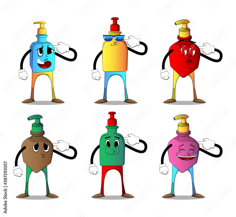 Cartoon bottle of hand sanitizer gel for hygiene with face puting an ...