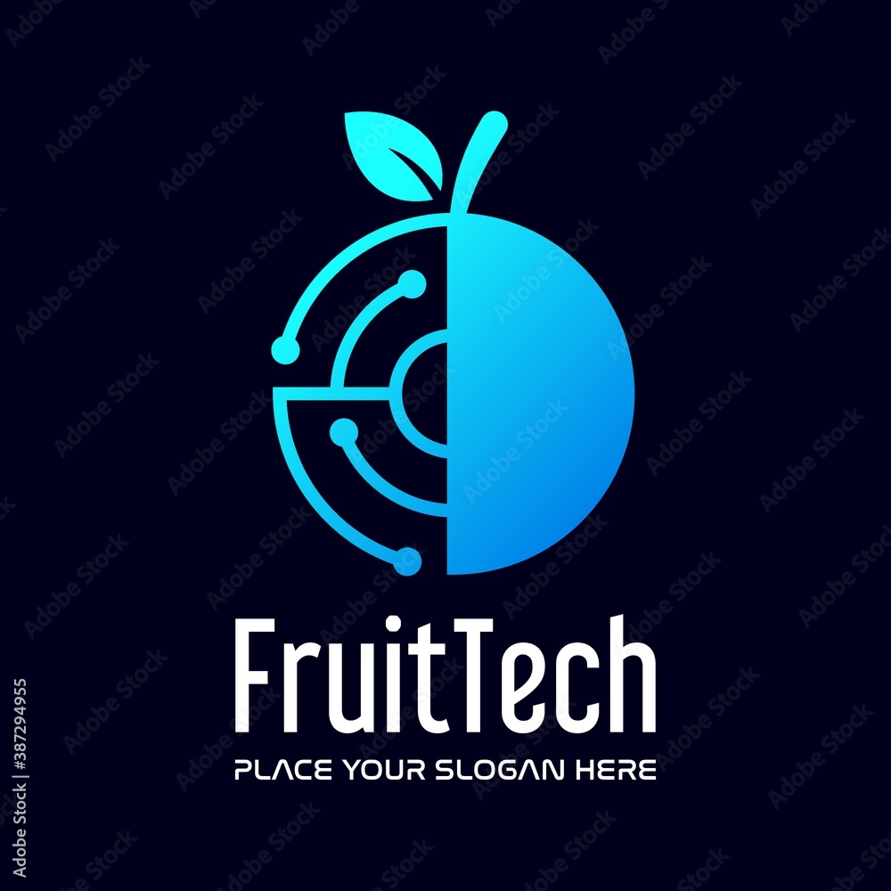 Fruit tech vector logo template. This design use dot and digital symbol ...
