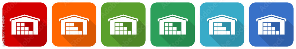 Warehouse, storage icon set, flat design vector illustration in 6 ...