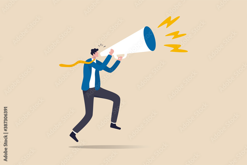 Business shout out, speaking out loud to communicate with co-worker or ...