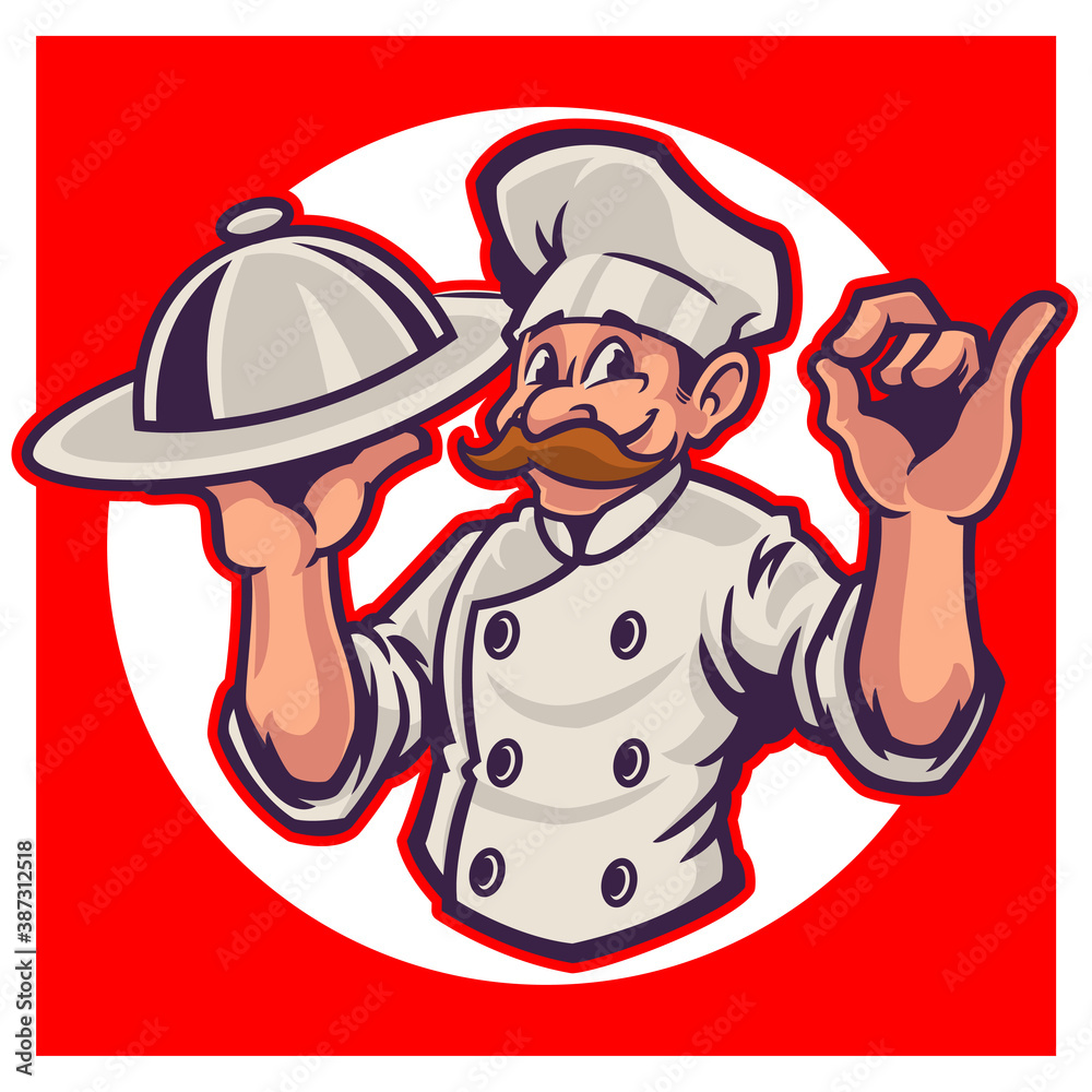Chef mascot logo cartoon character. A funny cartoon with holding silver ...