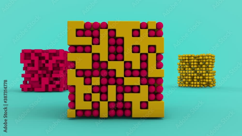 3D animation of an abstract composition of geometric shapes and spheres. A cube with balls and a ...