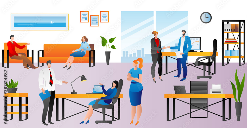 Business office with people team work, vector illustration. Job ...