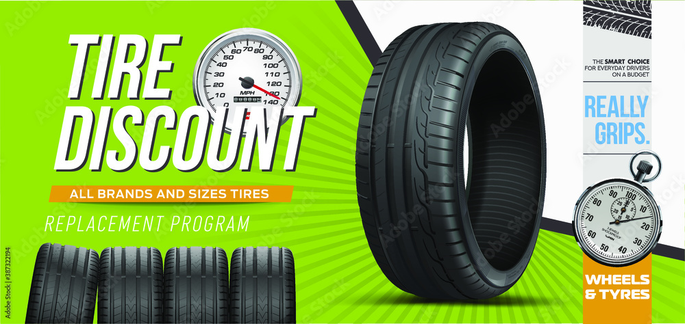 Тire track. Tread wheel. Car wheel. Speedometer. Stopwatch. Tire set ...