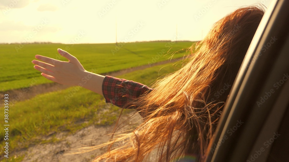 free woman travels by car catches the wind with her hand from car ...