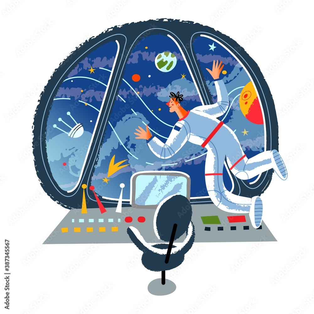 Astronaut looking at cosmos in spaceship. Happy man in rocket looking ...