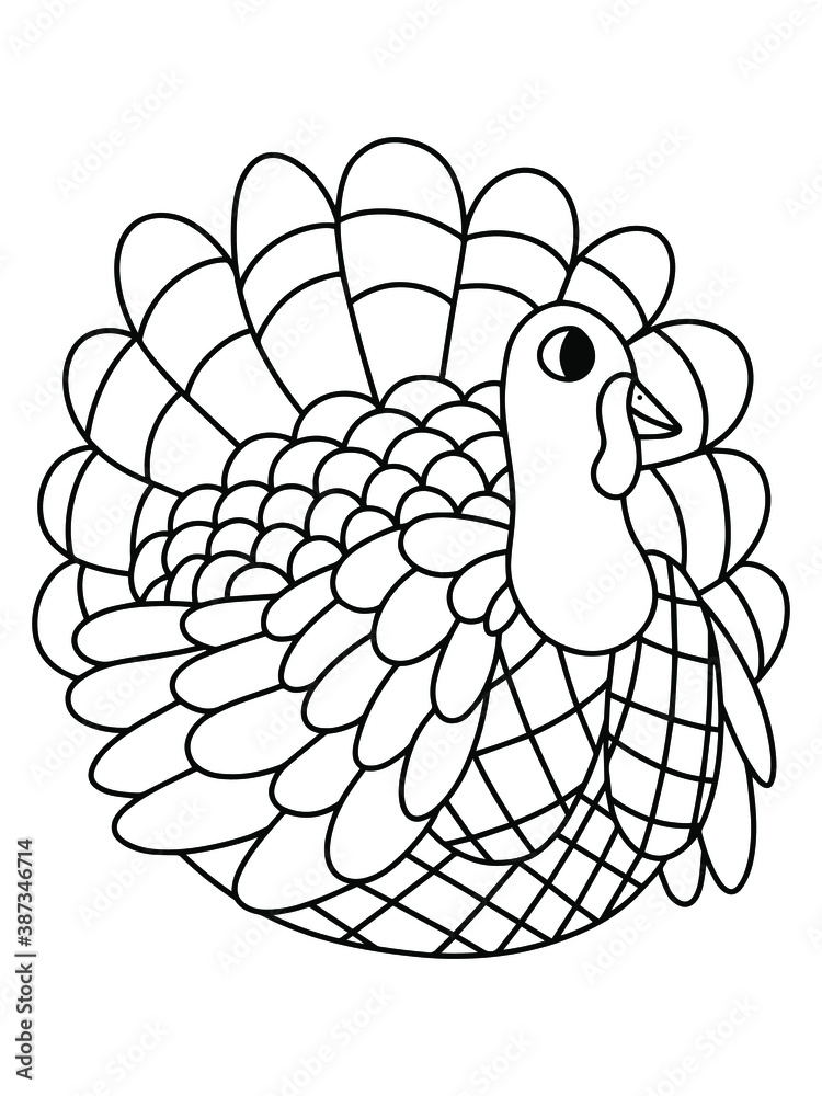 Happy turkey bird coloring page for kids and adults stock vector ...