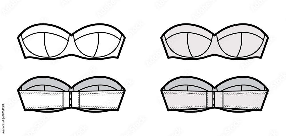 Bra strapless balconette lingerie technical fashion illustration with ...