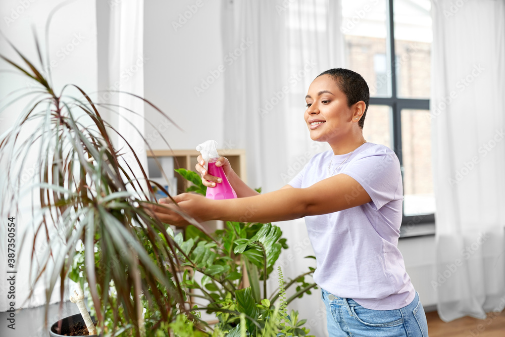 people, housekeeping and plants care concept - african american woman ...