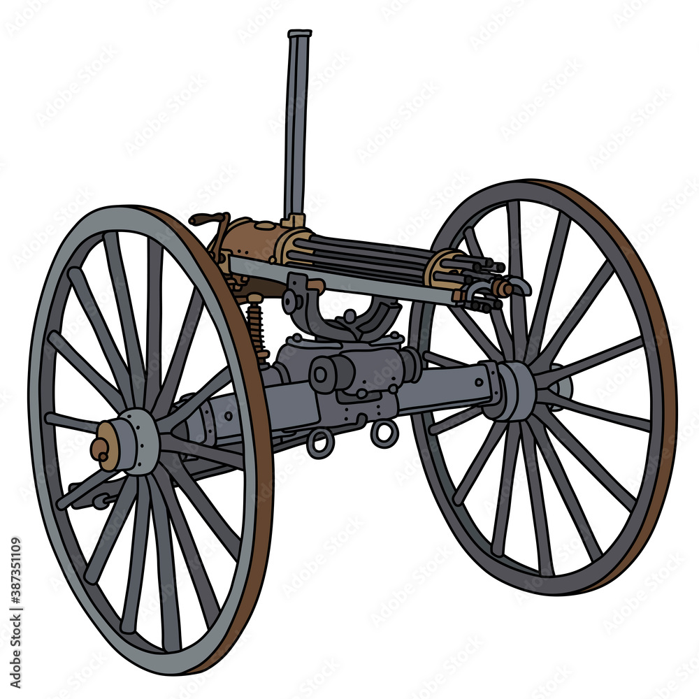 The vectorized hand drawing of an old Gatling multi barrel machine gun ...