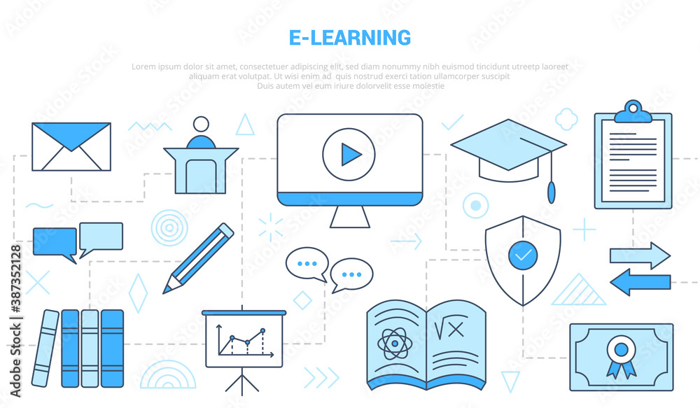 e-learning online education concept with icon line style set template ...