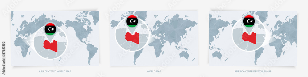 Three versions of the World Map with the enlarged map of Libya with ...