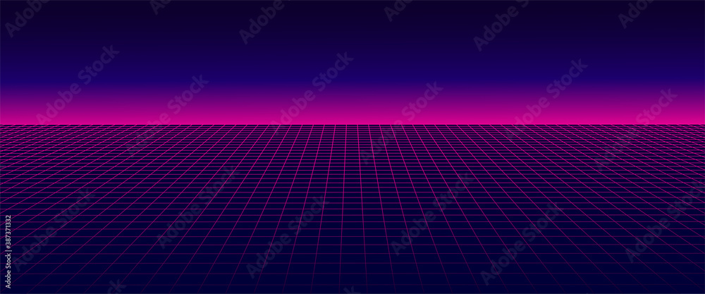 Abstract wireframe landscape 1980s style. Retro futuristic vector grid ...