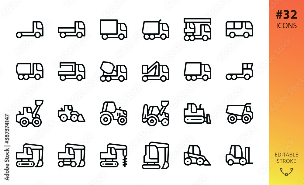 Heavy and construction machinery, trucks and tractors isolated icons ...