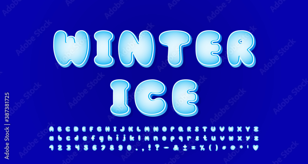 Winter cold ice alphabet. Cartoon bubble font with blue sky gradient ...