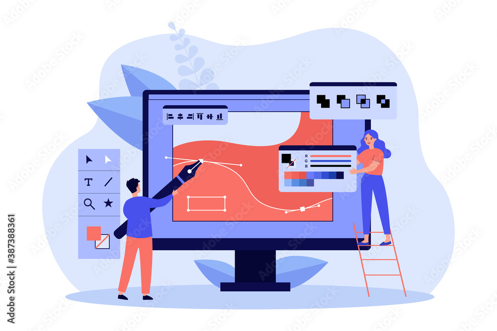 Tiny people drawing with pen in graphic editor isolated flat vector ...