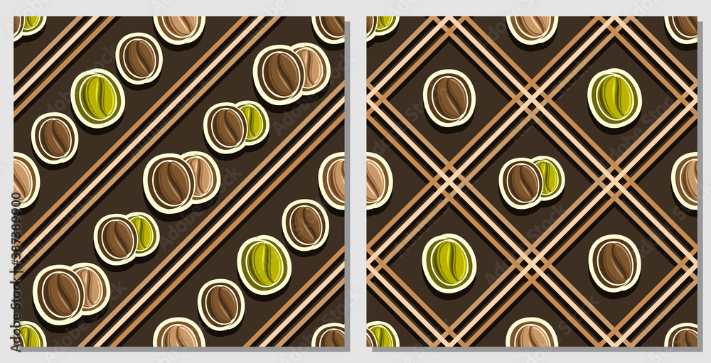 Vector Coffee Seamless Patterns, 2 square repeating coffee backgrounds, set of isolated ...