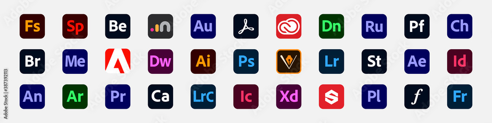 Set of Adobe products icons. Original Adobe logo collection Stock ...