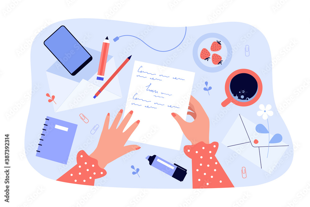 Female hands holding paper sheet with handwritten letter isolated flat ...