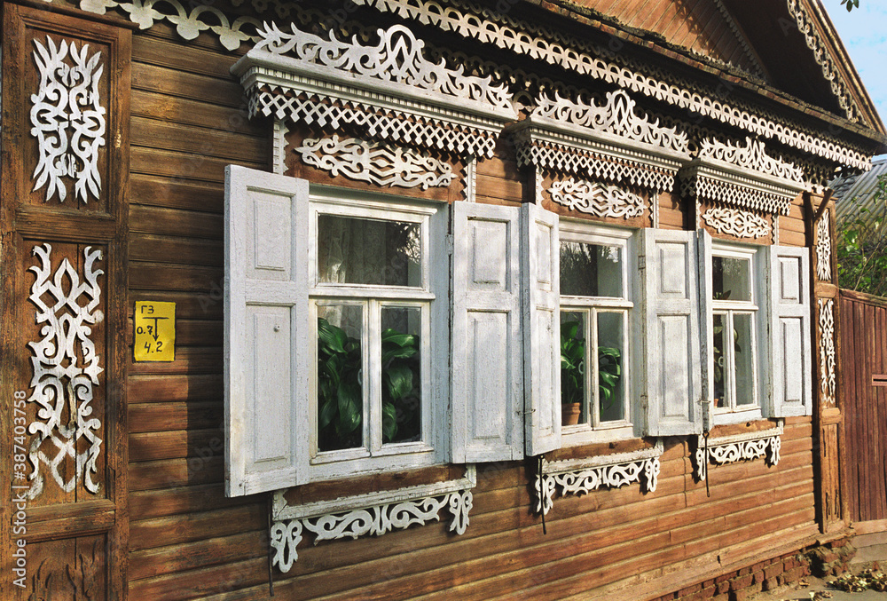 Windows of an old Russian wooden house from the times of the Russian ...