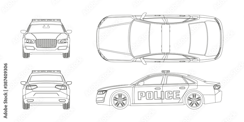 Vetor de Outline police car blueprint. Front, side, back and side views ...