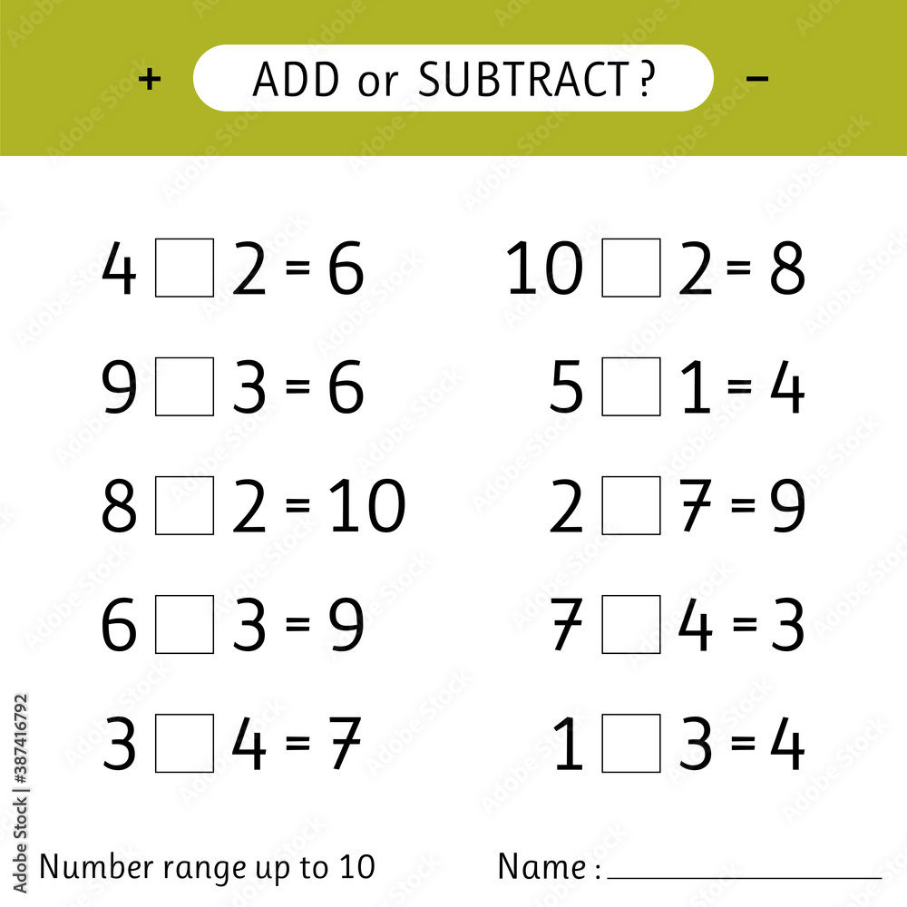 Add or subtract. Number range up to 10. Addition and subtraction ...