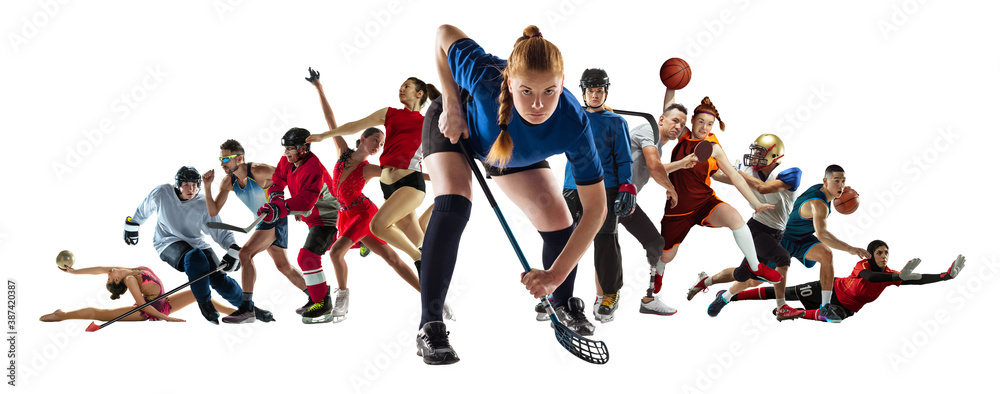 Sport collage of professional athletes or players on white background ...